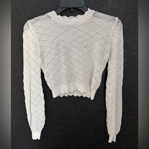 Zara | Tops | Zara White Pointelle Knit Sweater Small Scalloped Hem ...